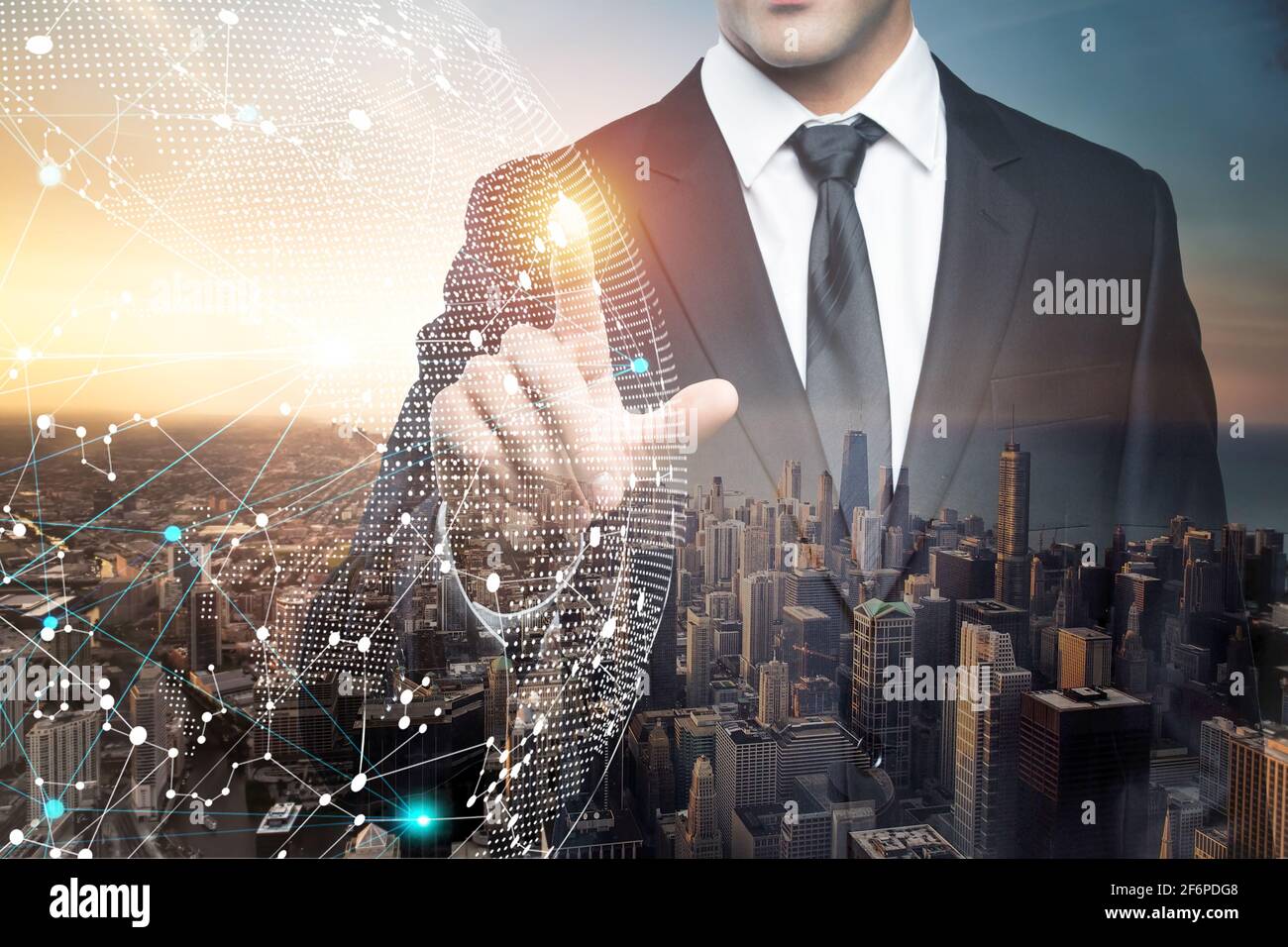 Businessman pointing on futuristic interface. Innovation technology ...
