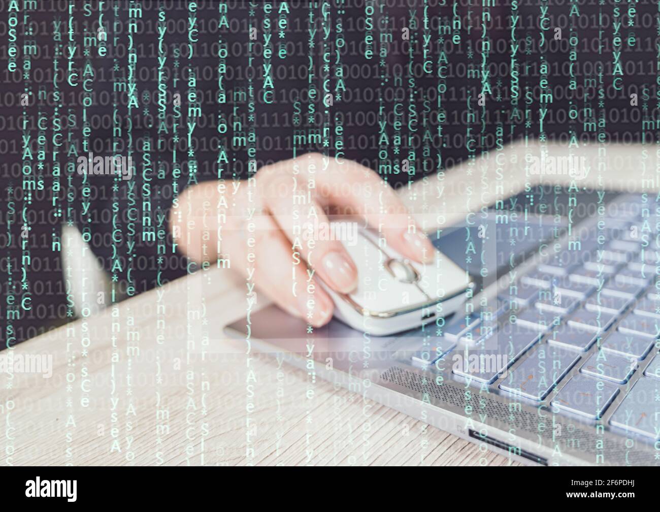 IT specialist workplace. Programming code on virtual screen. Abstract ...
