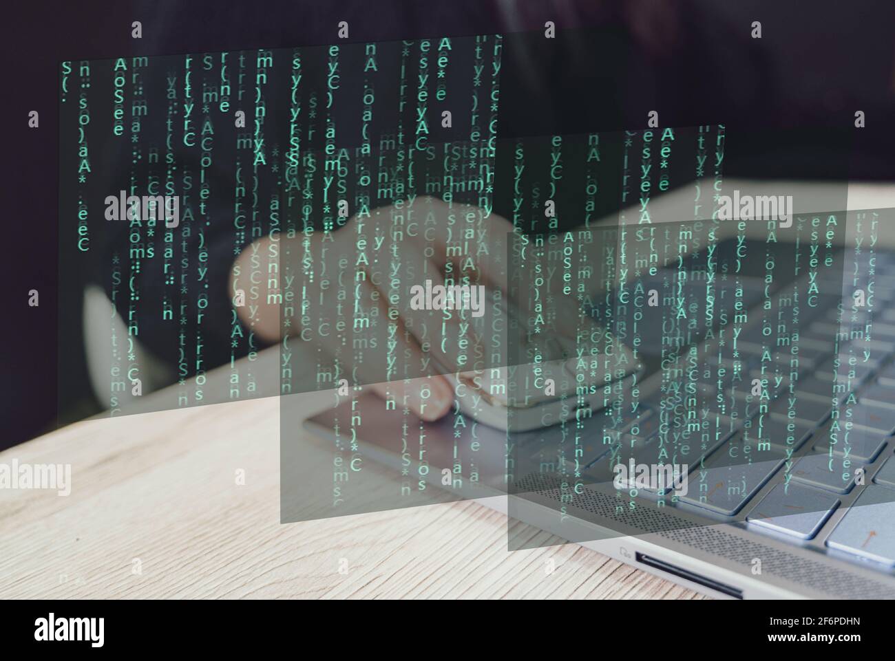 IT specialist workplace. Programming code on virtual screen. Abstract IT technology background ...