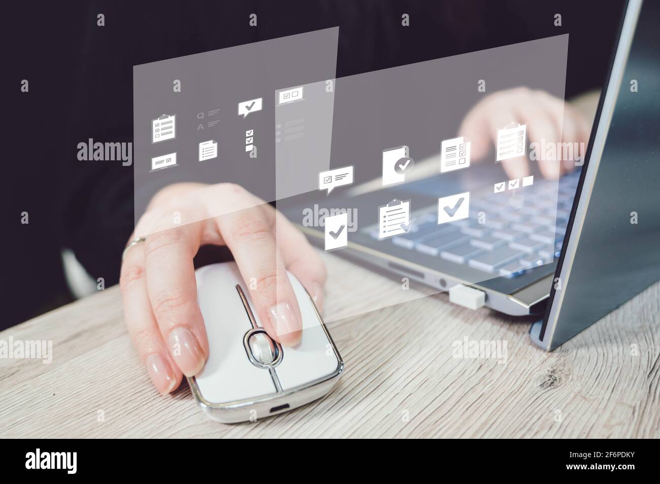 Online survey concept. Survey icons on virtual screen. Woman filling ...