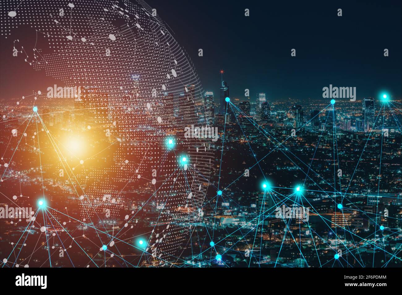 Telecommunication network above night city, wireless mobile internet ...