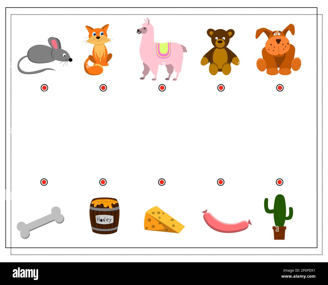 A puzzle game for kids. Where is whose food. Choose the right food for ...