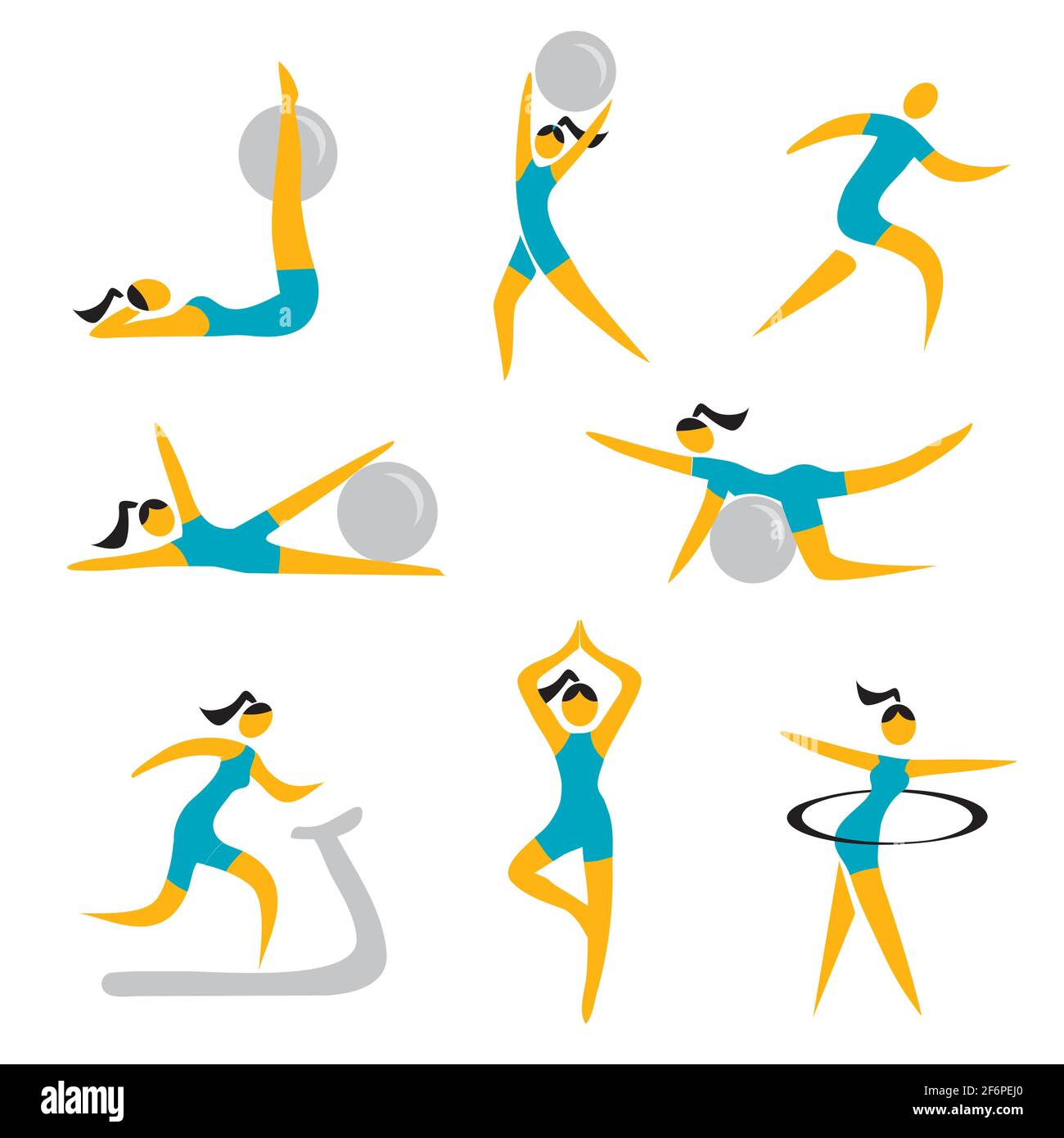 Fitness Icons, Women practicing exercice. Collection of nine colorful ...