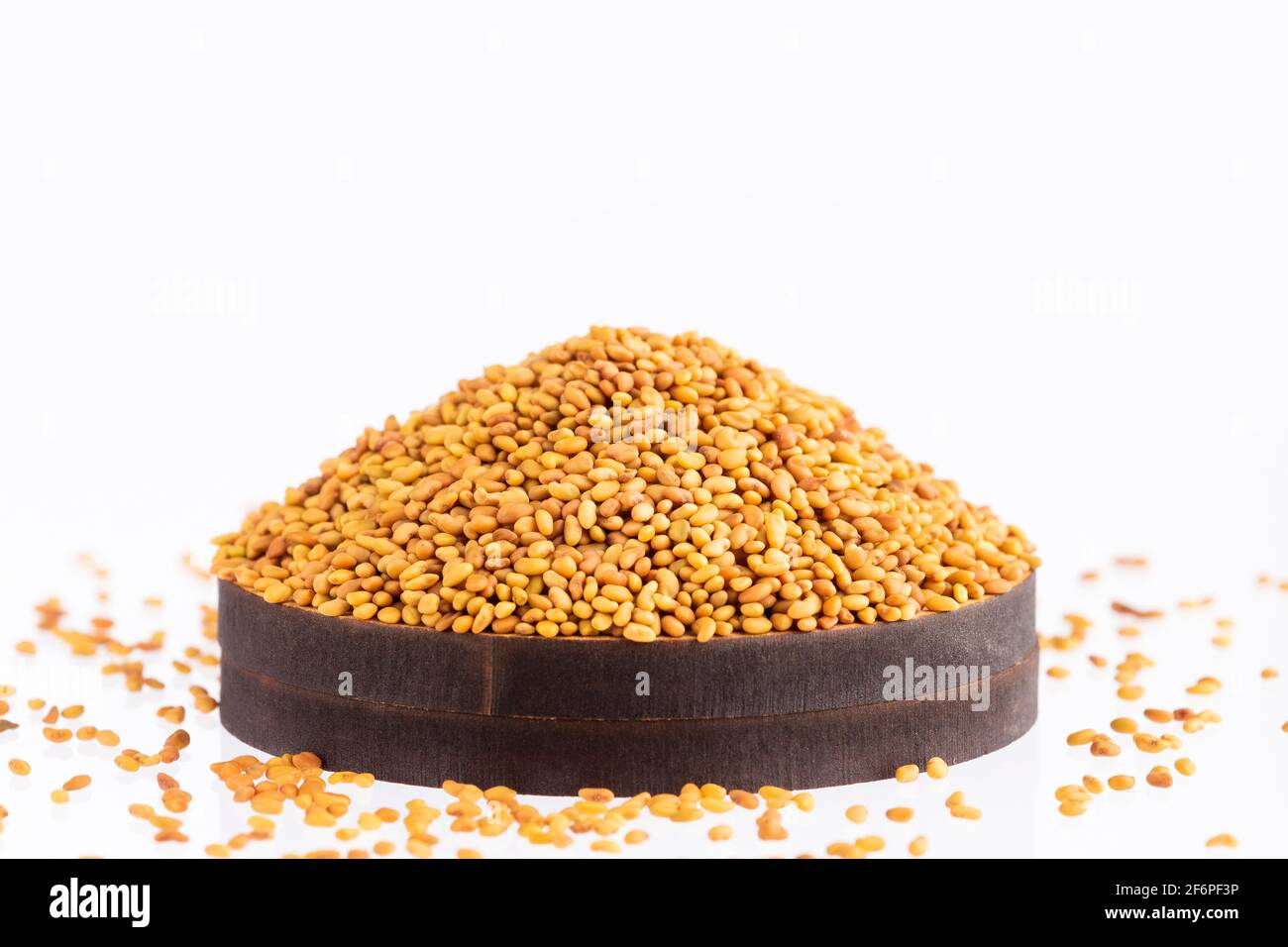 Organic Alfalfa or lucerne (Medicago sativa) seeds on white background ...