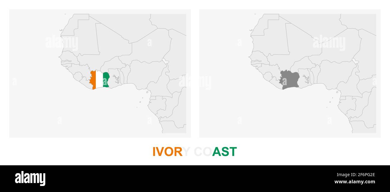 Two versions of the map of Ivory Coast, with the flag of Ivory Coast ...