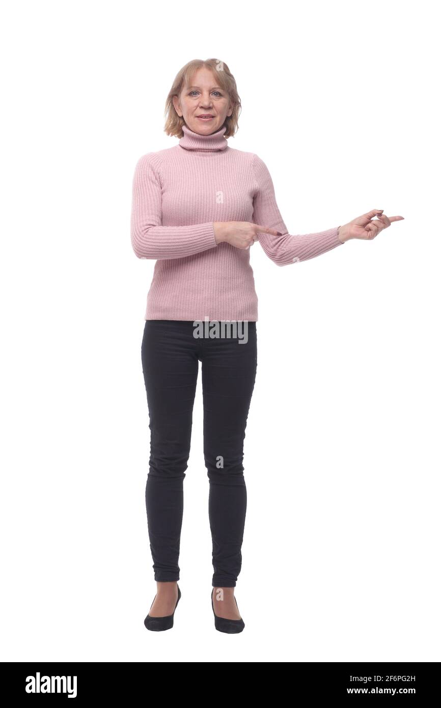 Front view of woman pointed side with a smile Stock Photo - Alamy