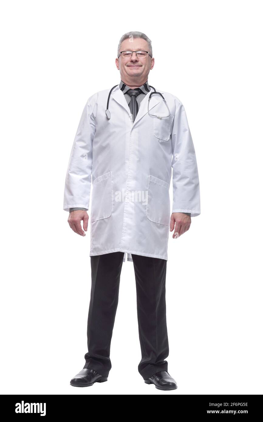 Handsome confident male doctor or surgeon standing in a white coat with ...