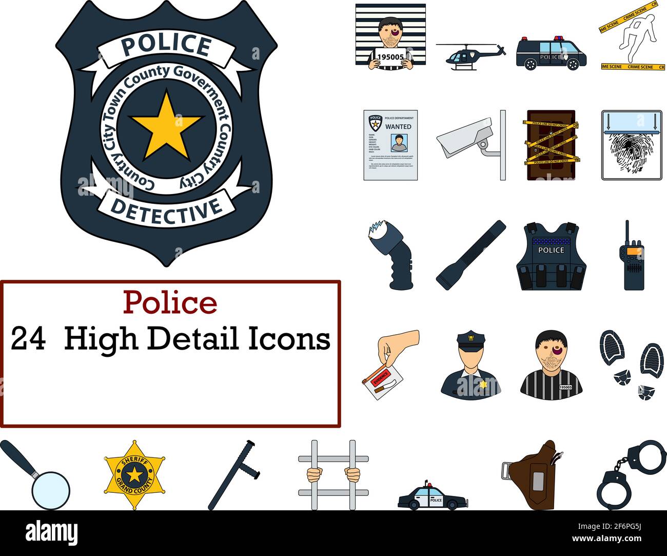 Police Icon Set. Flat Color Outline Design With Editable Stroke. Vector ...