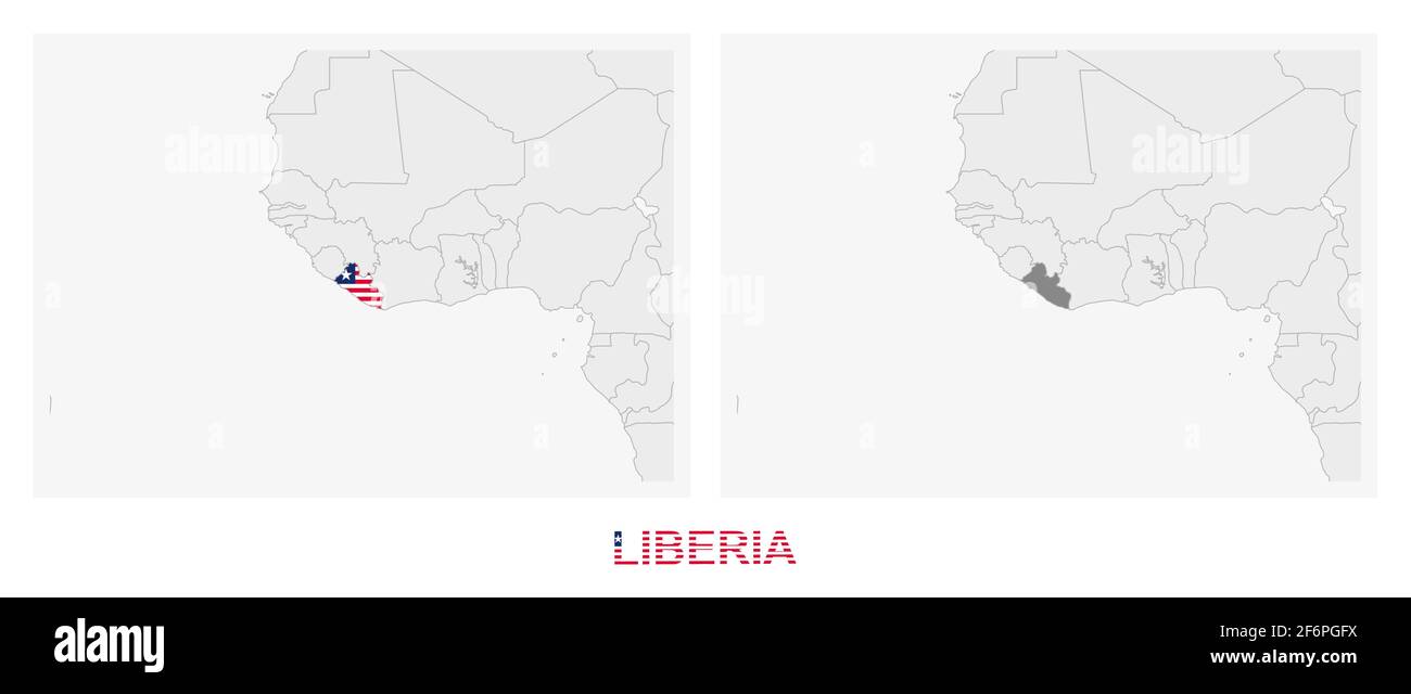 Two versions of the map of Liberia, with the flag of Liberia and ...