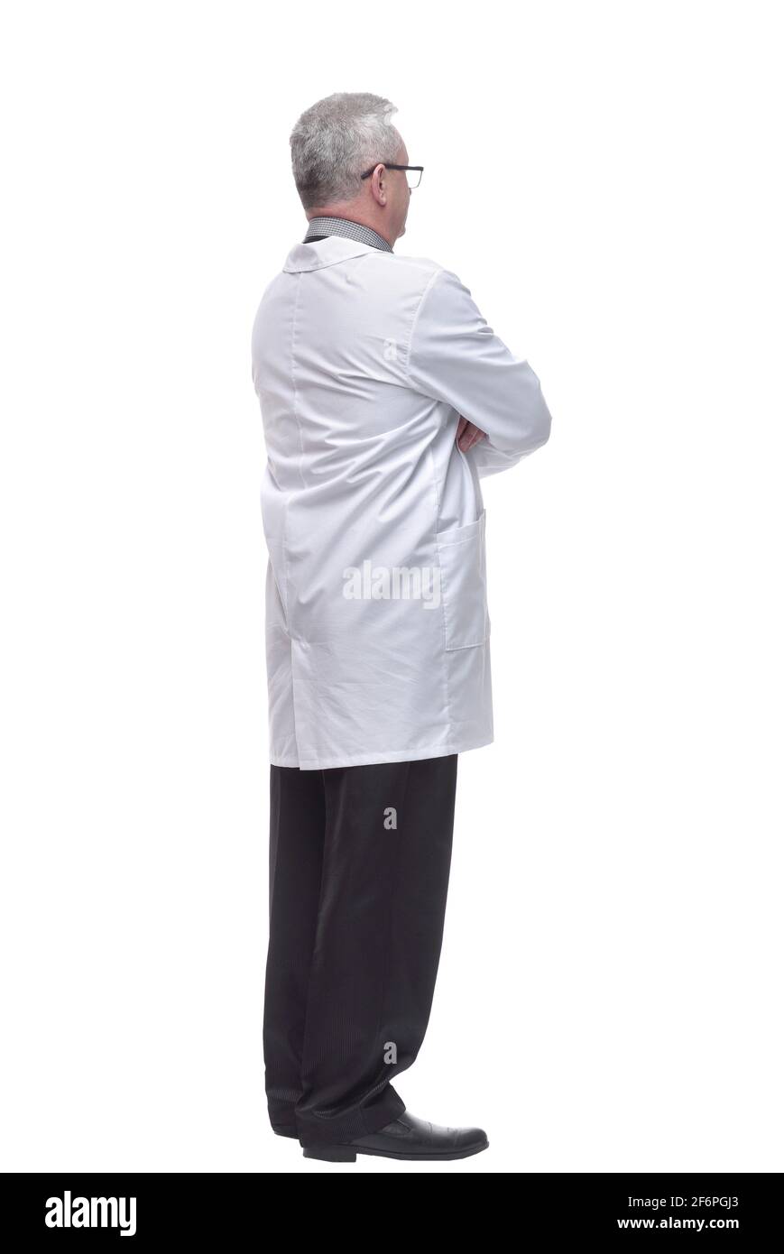 Rear view of medical doctor, man standing back wear doctors lab white ...