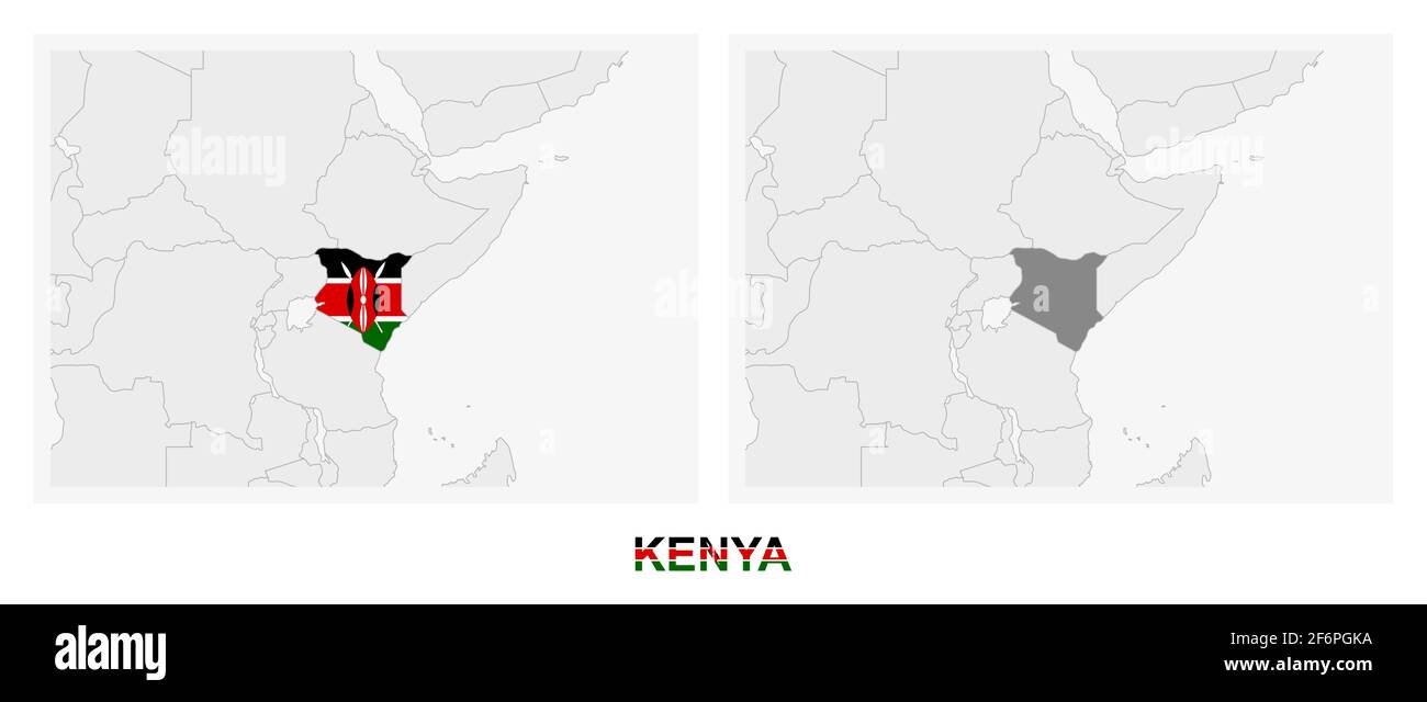 Two versions of the map of Kenya, with the flag of Kenya and ...