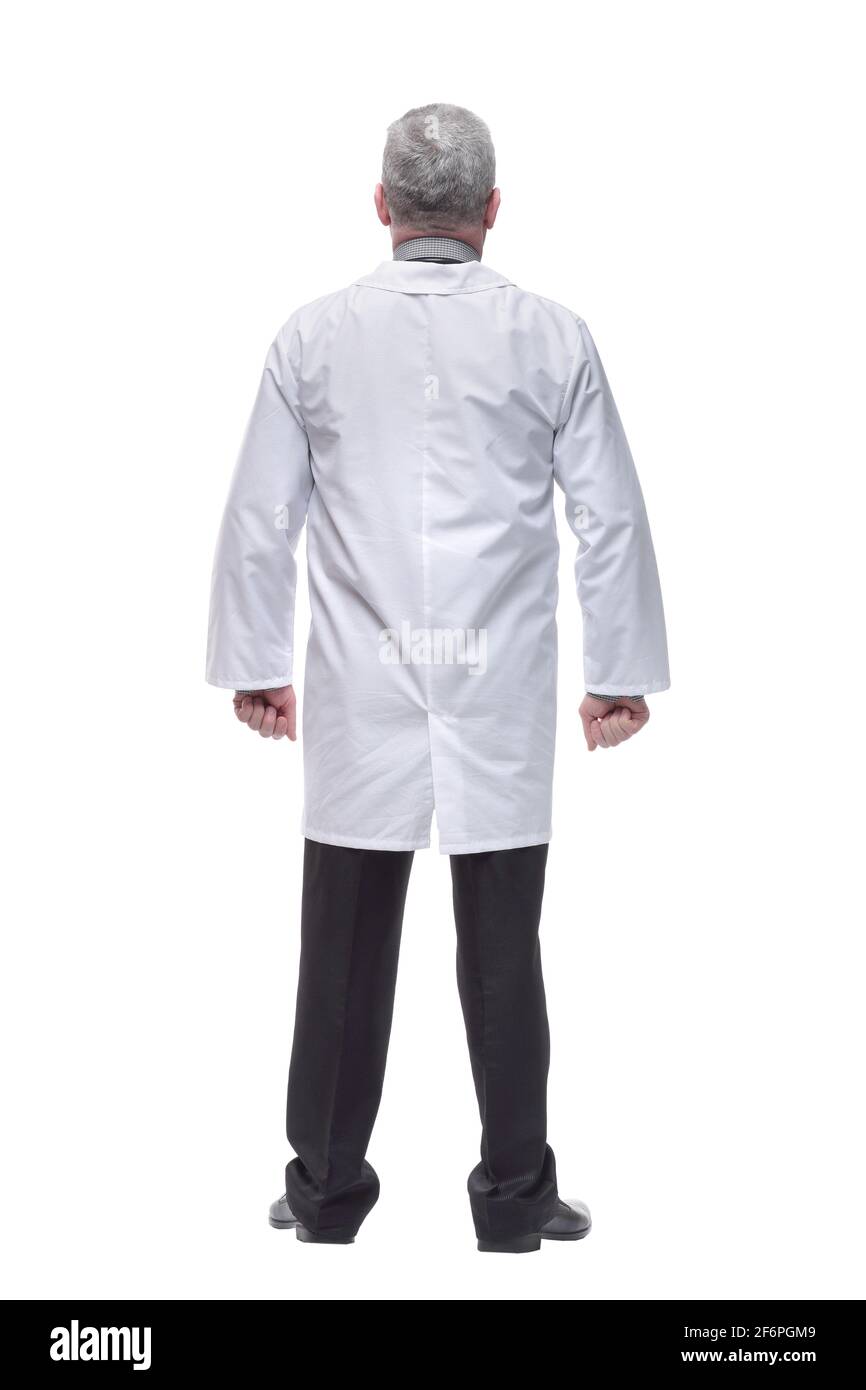Rear view of medical doctor, man standing back wear doctors lab white ...