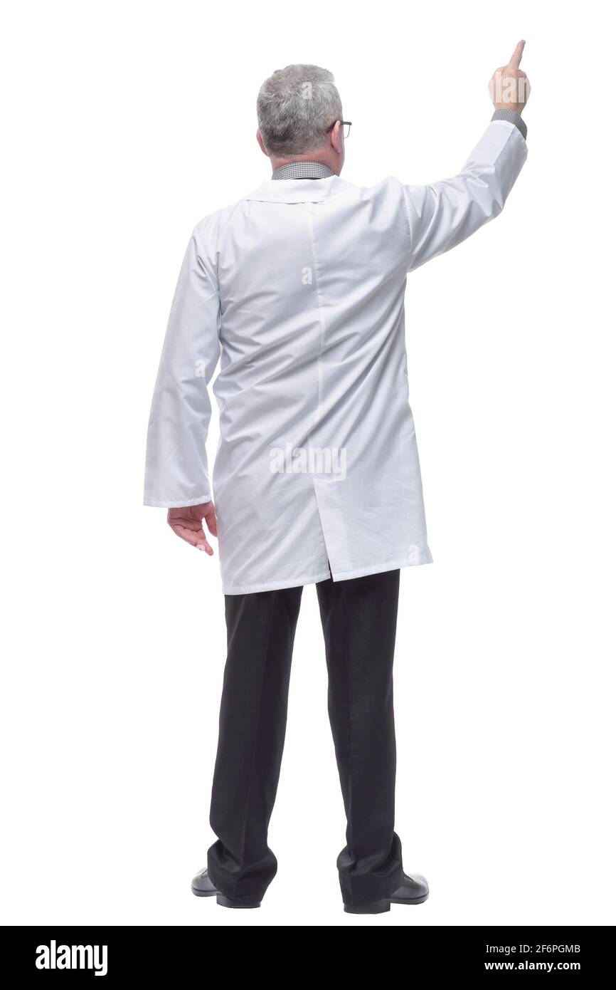 Rear view of medical doctor, man standing back wear doctors lab white ...