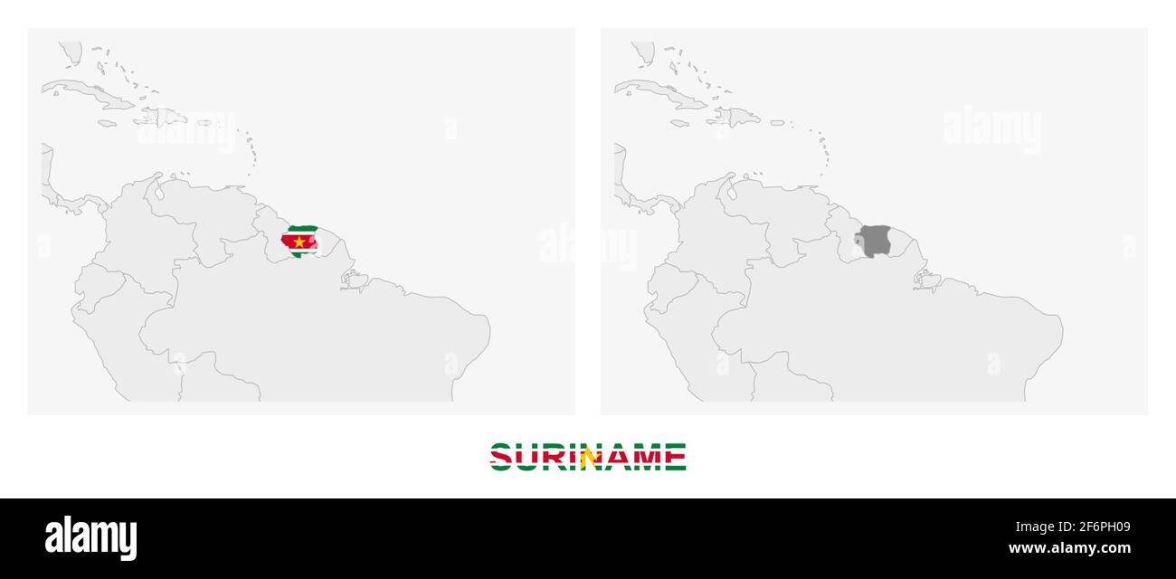 Two versions of the map of Suriname, with the flag of Suriname and ...