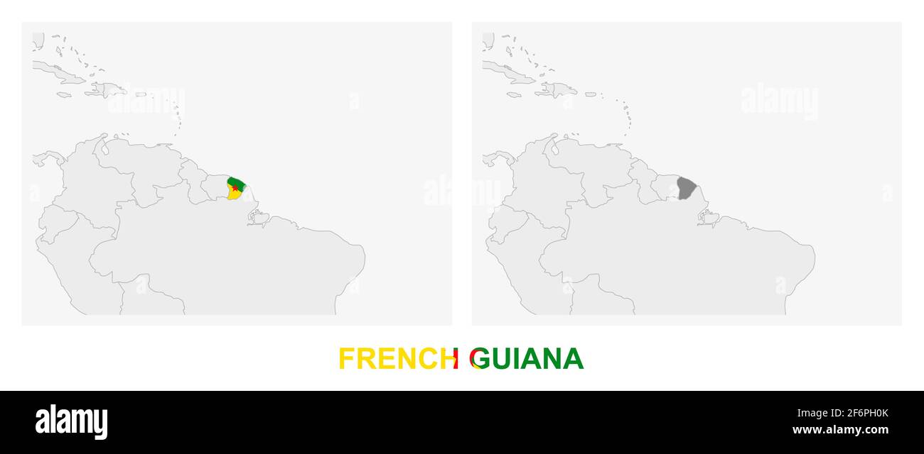 Two versions of the map of French Guiana, with the flag of French ...