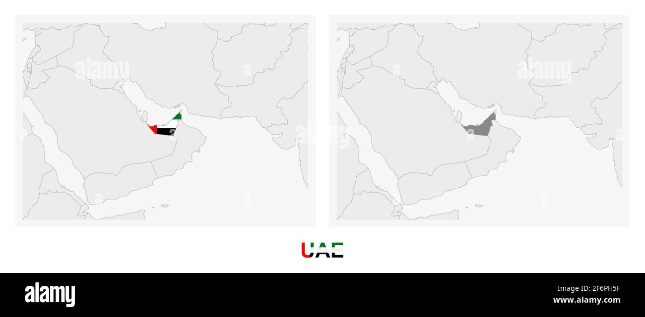 Two versions of the map of United Arab Emirates, with the flag of UAE ...