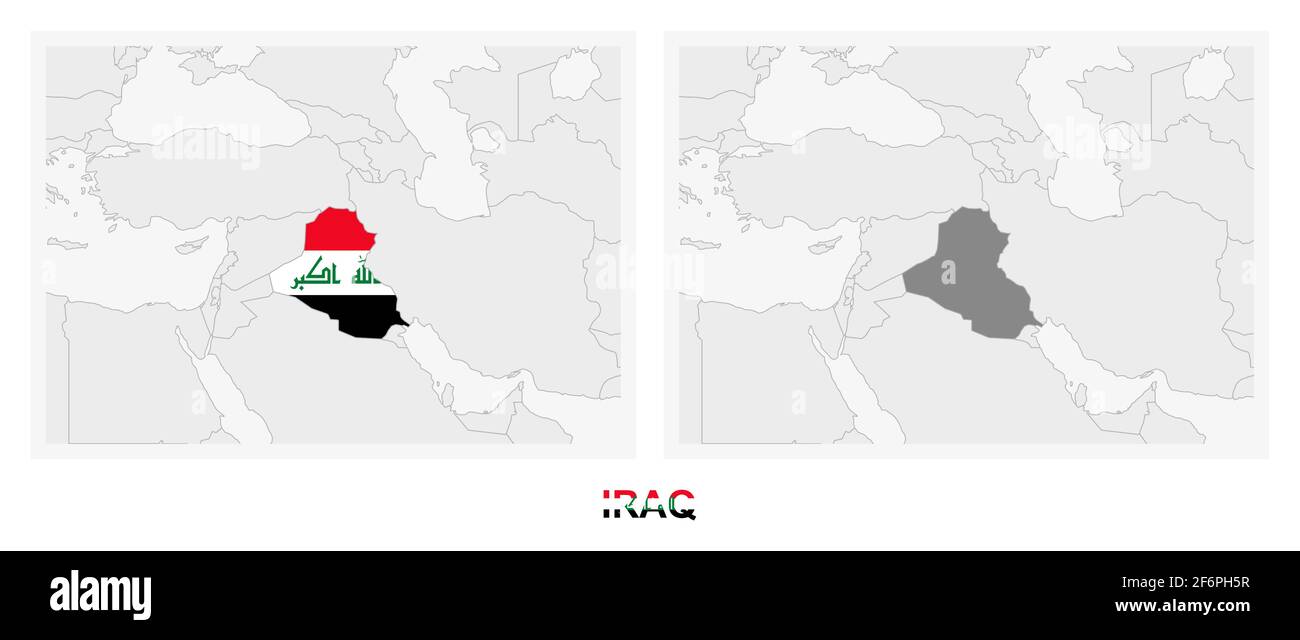 Two versions of the map of Iraq, with the flag of Iraq and highlighted ...