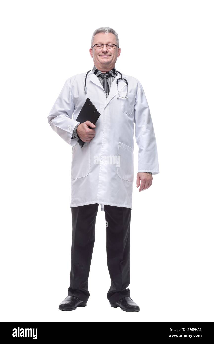 Senior male doctor standing with folder on white background Stock Photo ...