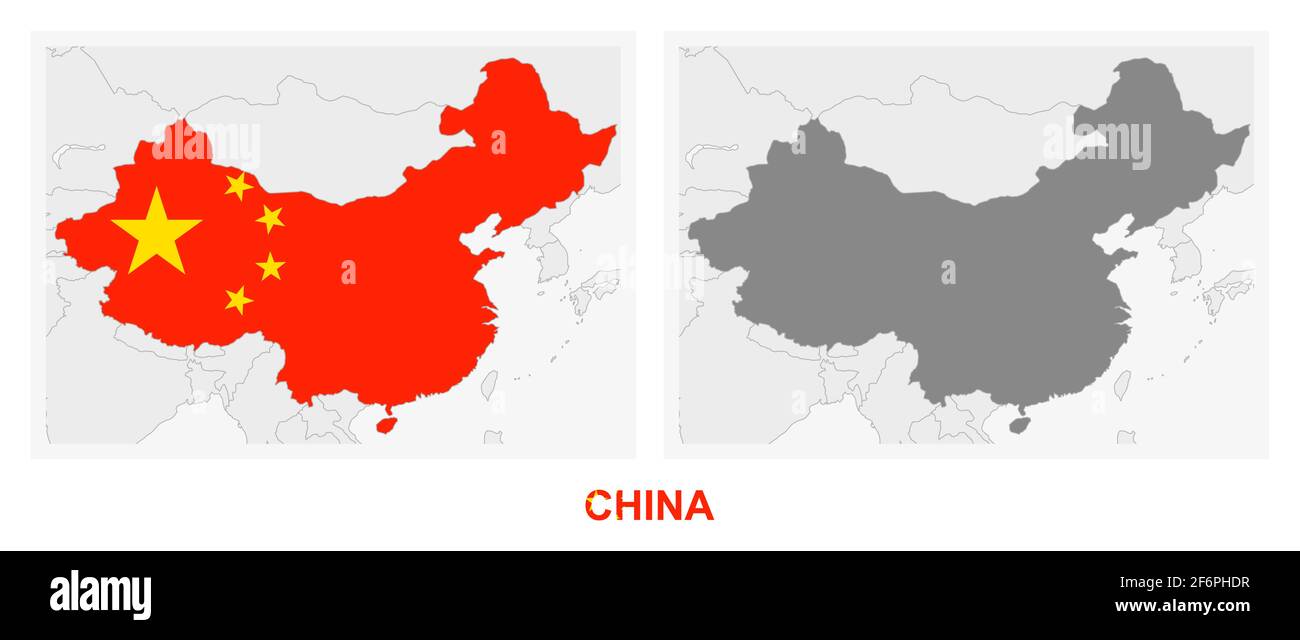 Two versions of the map of China, with the flag of China and ...