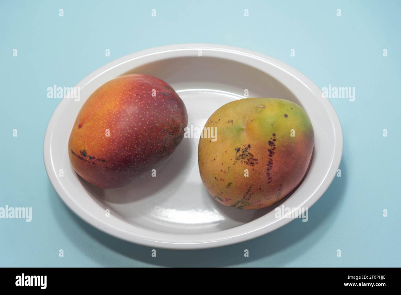 Fresh pink mango fruit on blue background. Fruit rich in fiber and ...