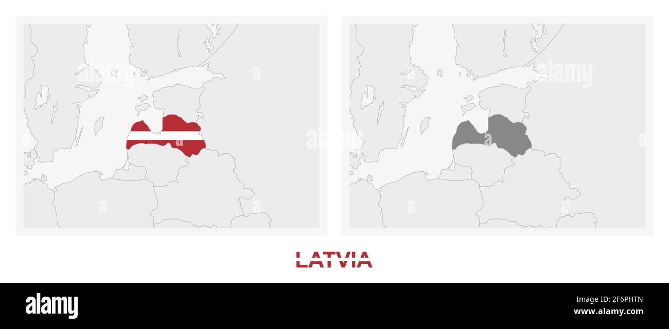 Two versions of the map of Latvia, with the flag of Latvia and highlighted in dark grey. Vector ...