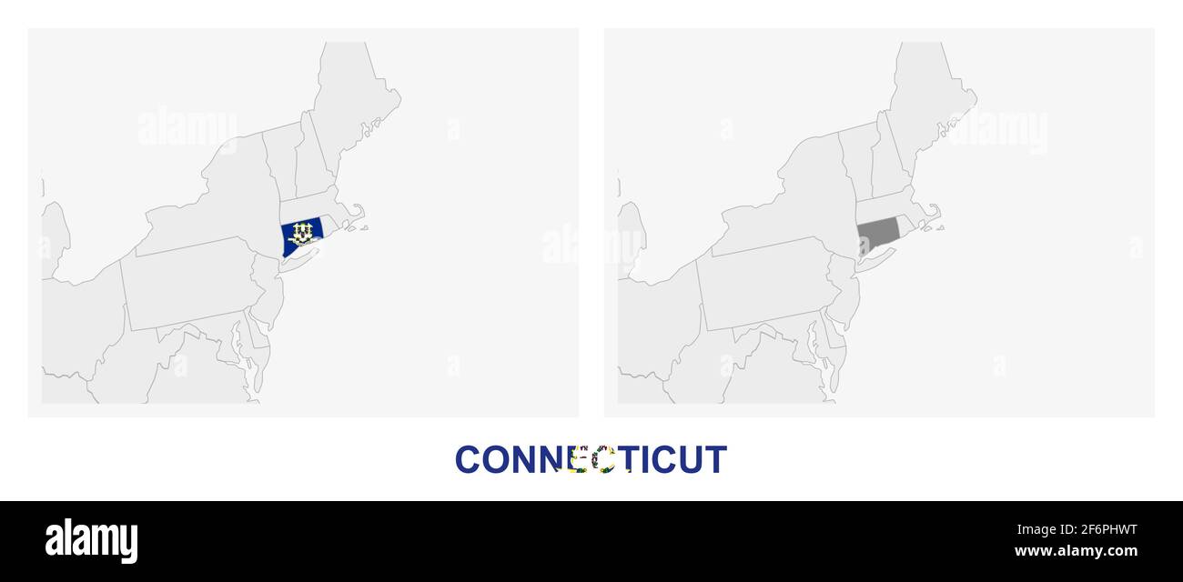 Two versions of the map of US State Connecticut, with the flag of ...