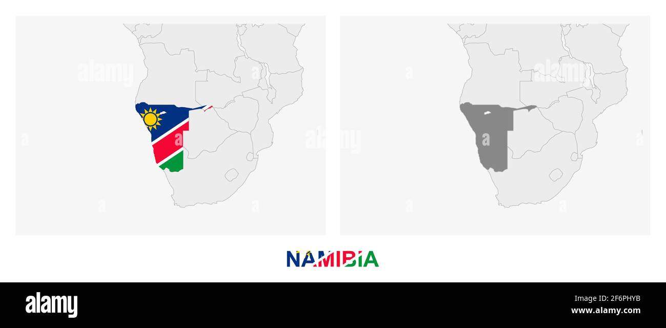 Two versions of the map of Namibia, with the flag of Namibia and ...