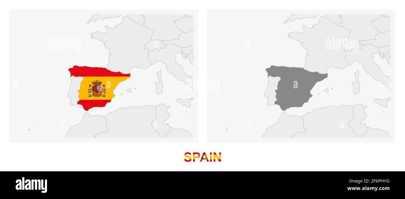Two versions of the map of Spain, with the flag of Spain and ...