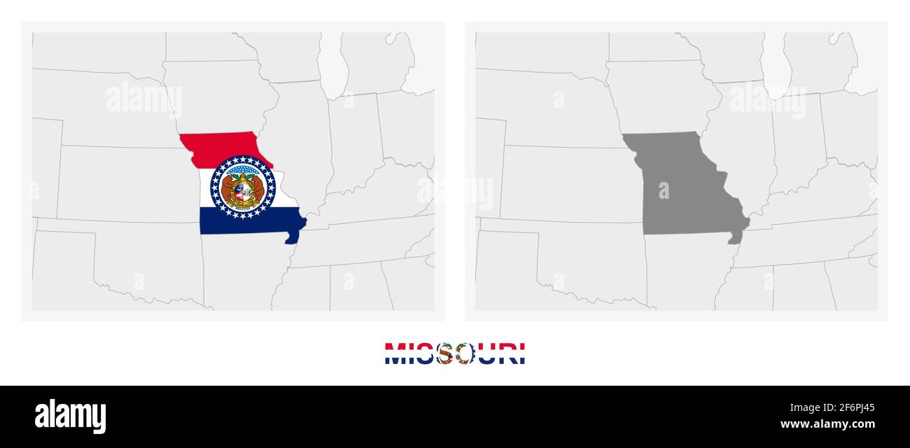 Two versions of the map of US State Missouri, with the flag of Missouri ...