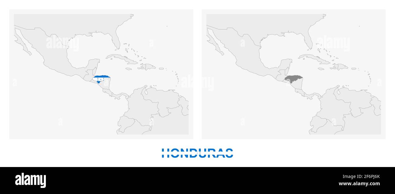 Two versions of the map of Honduras, with the flag of Honduras and ...