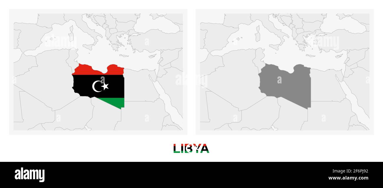 Two versions of the map of Libya, with the flag of Libya and ...