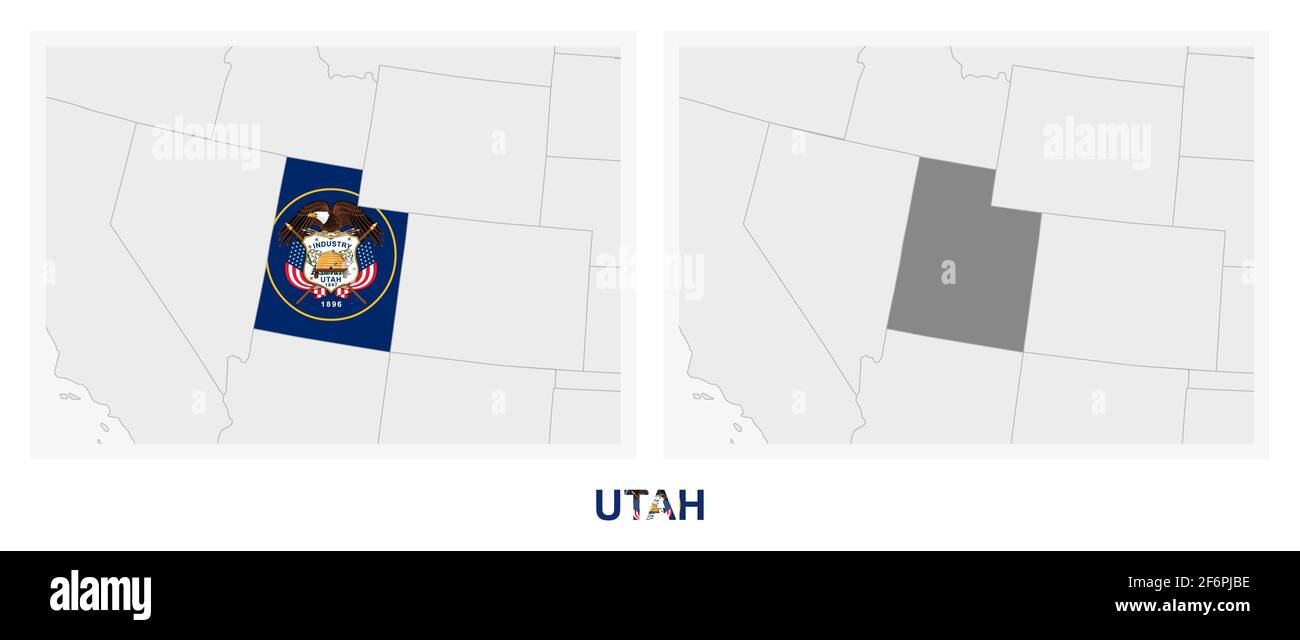 Two versions of the map of US State Utah, with the flag of Utah and ...