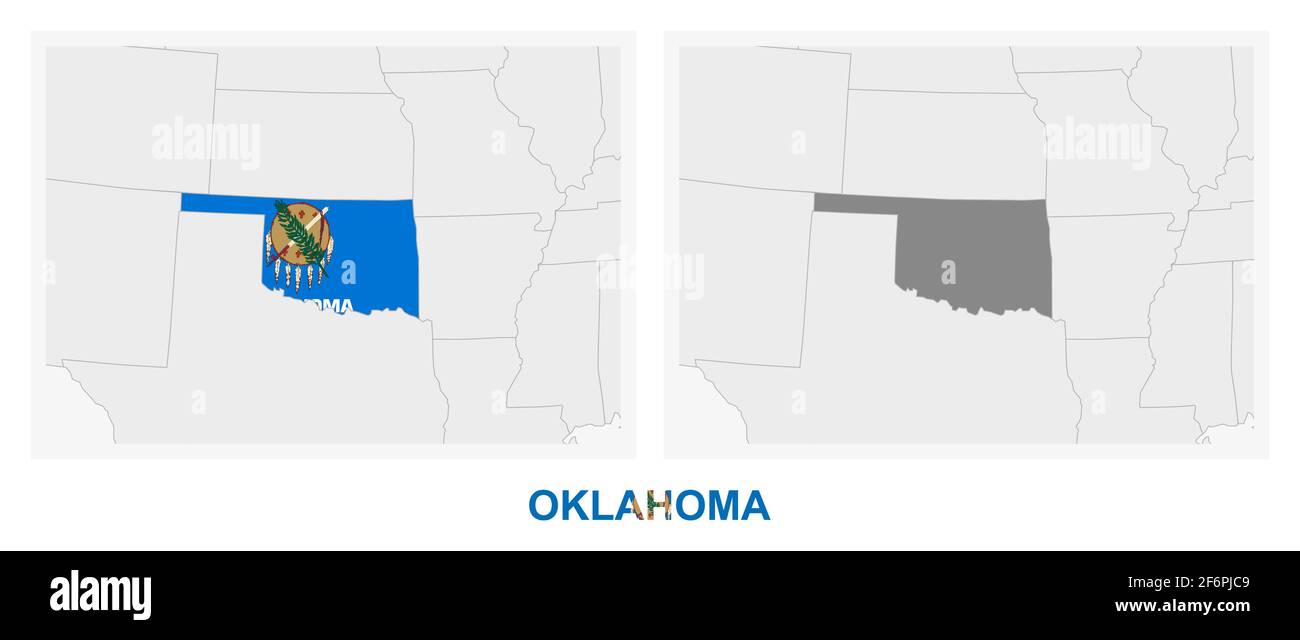 Two versions of the map of US State Oklahoma, with the flag of Oklahoma ...