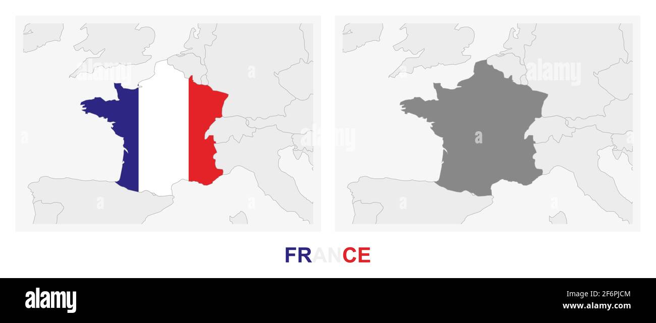 Two versions of the map of France, with the flag of France and ...