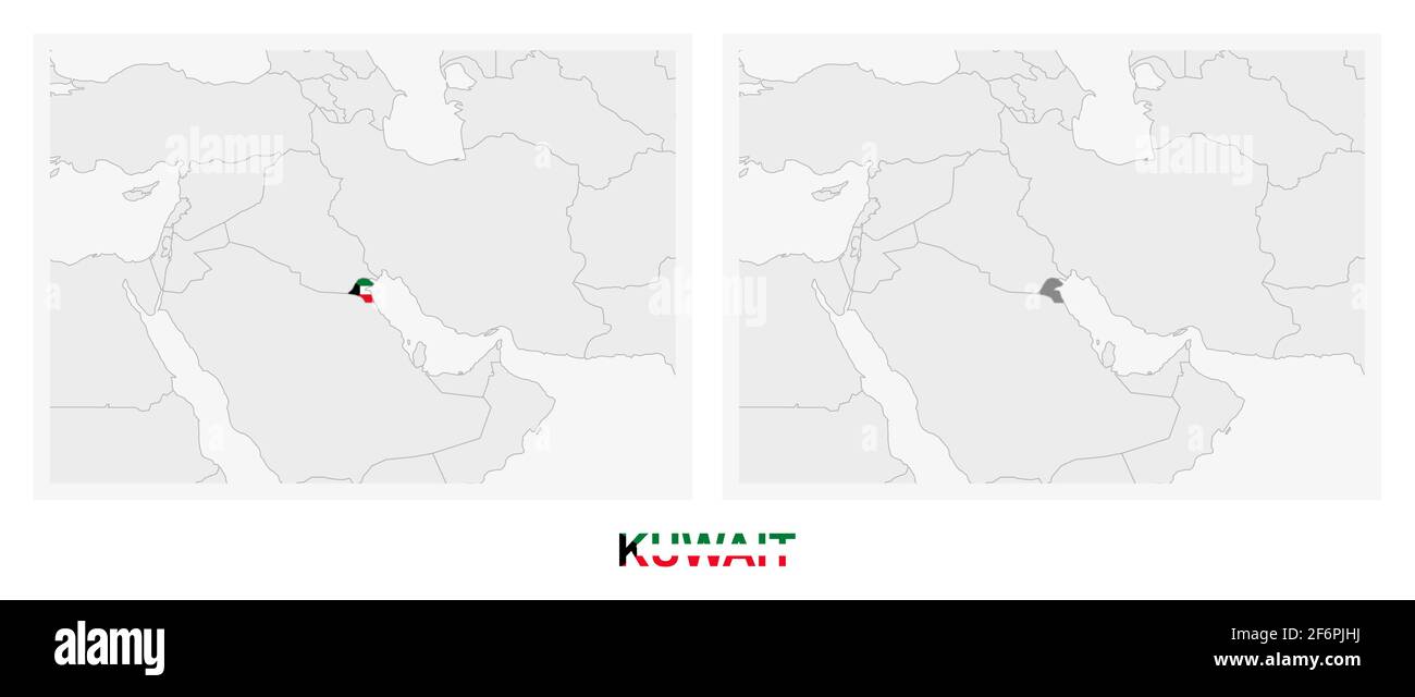 Two versions of the map of Kuwait, with the flag of Kuwait and ...