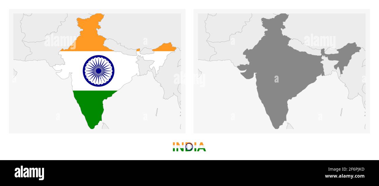 Two versions of the map of India, with the flag of India and ...