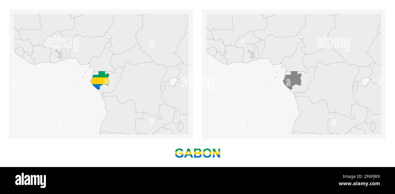 Two versions of the map of Gabon, with the flag of Gabon and ...