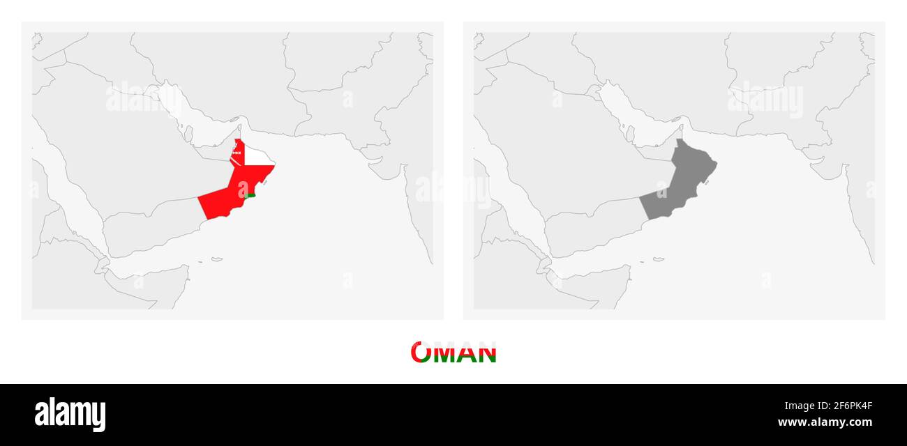Two versions of the map of Oman, with the flag of Oman and highlighted ...