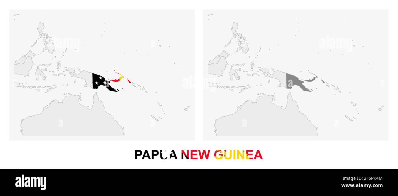 Two versions of the map of Papua New Guinea, with the flag of Papua New ...