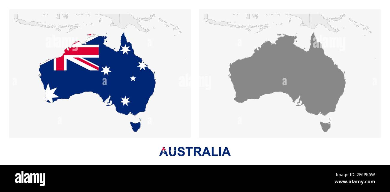 Two versions of the map of Australia, with the flag of Australia and ...