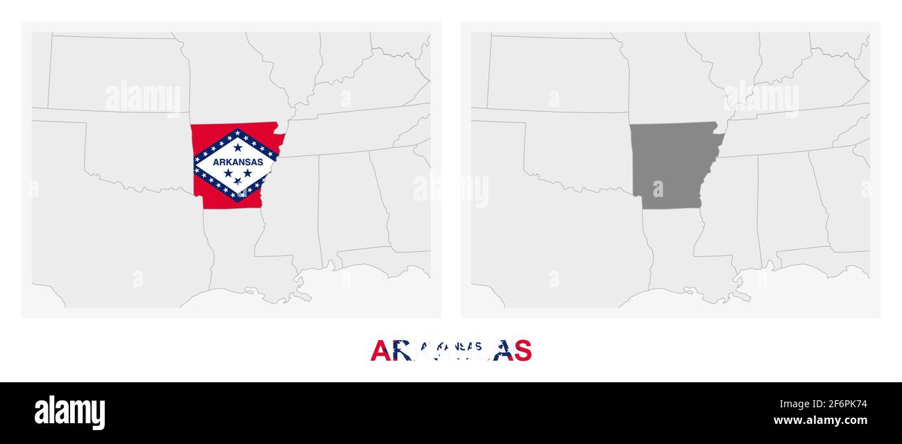 Two versions of the map of US State Arkansas, with the flag of Arkansas ...