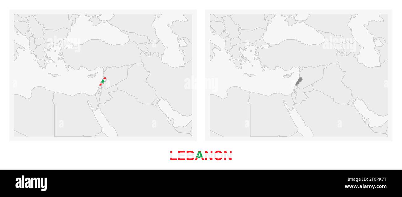 Two versions of the map of Lebanon, with the flag of Lebanon and ...