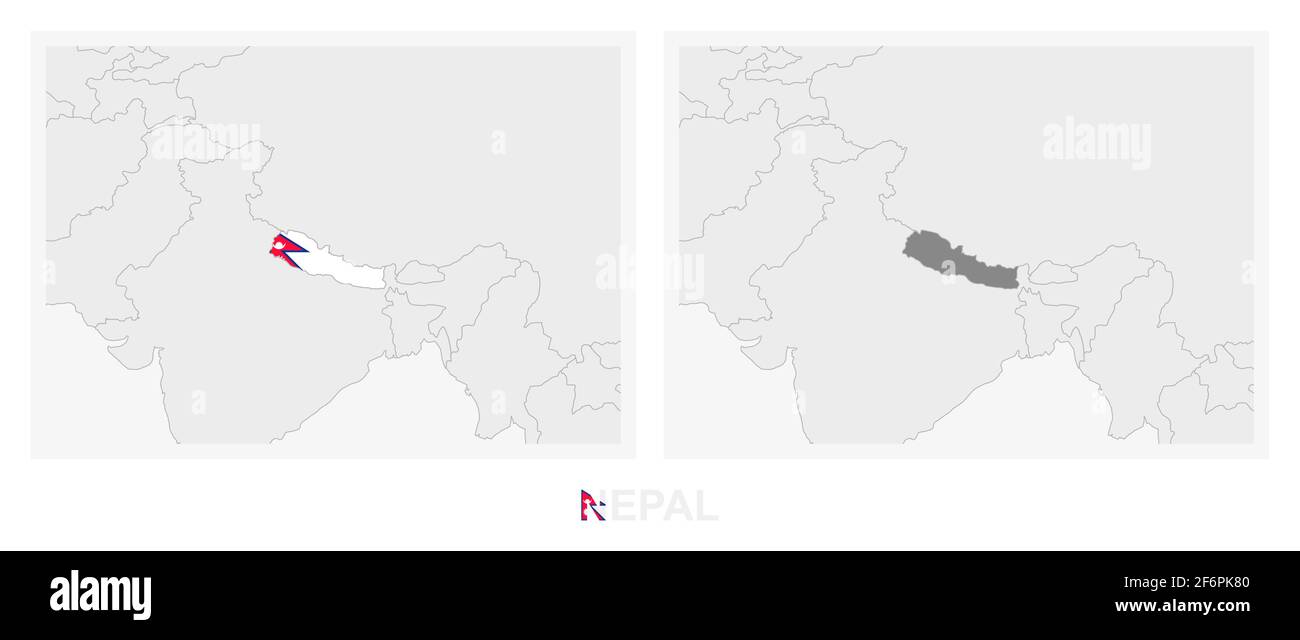 Two versions of the map of Nepal, with the flag of Nepal and ...