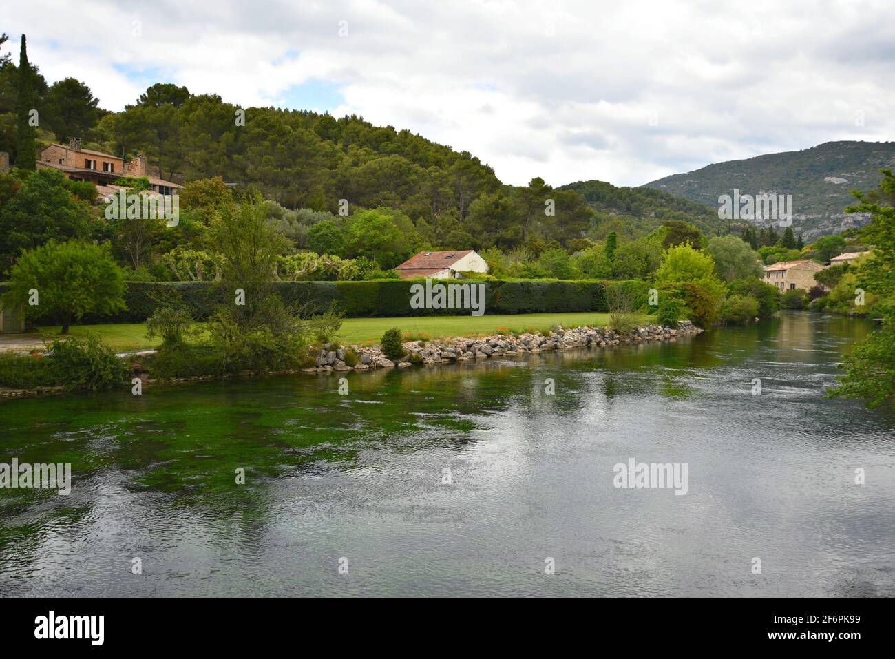 Countryside landscape with scenic view of Sorgue river in Fontaine de ...