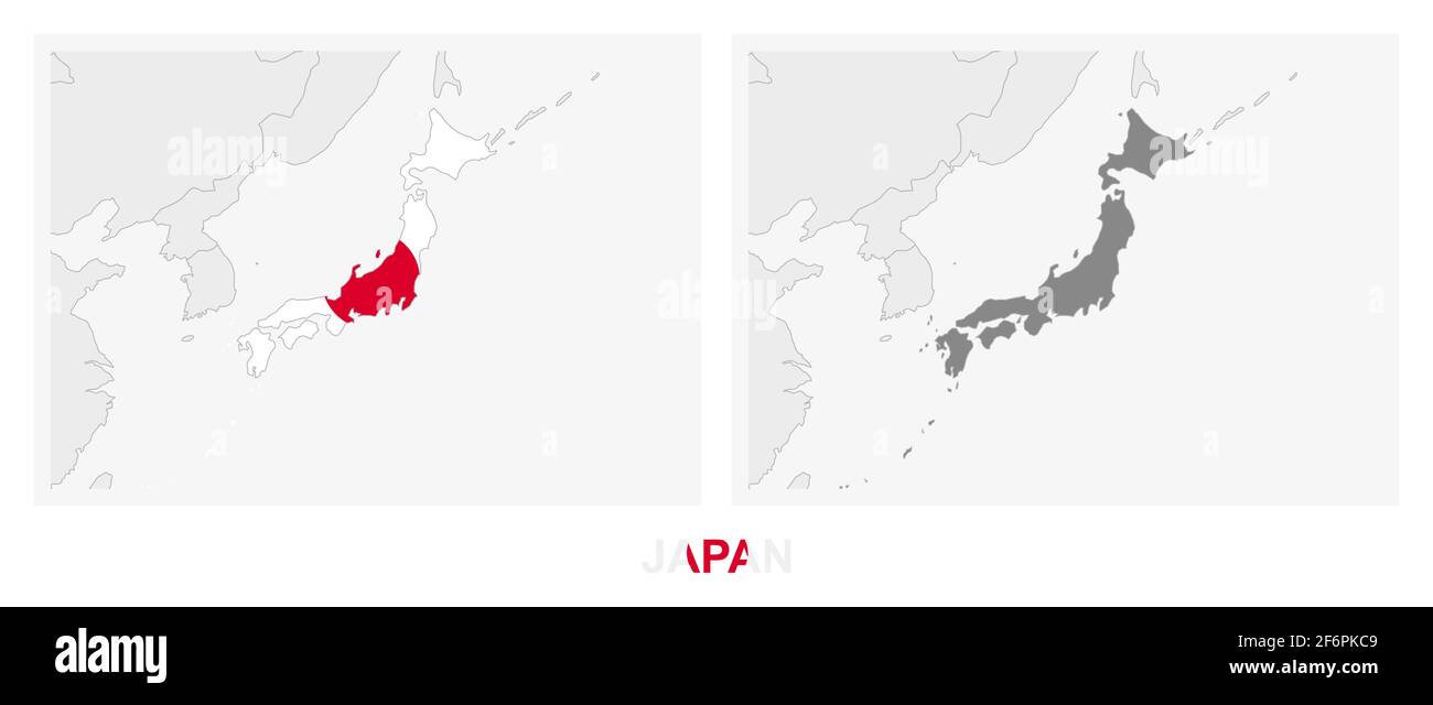 Two versions of the map of Japan, with the flag of Japan and ...