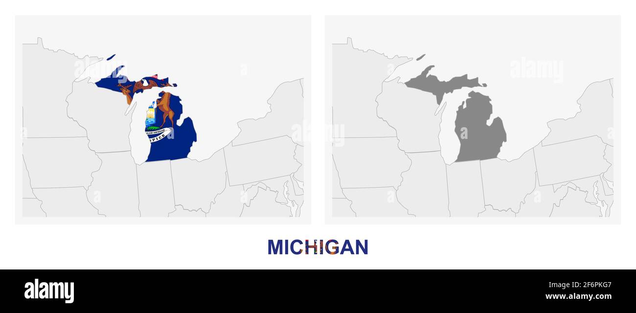 Two versions of the map of US State Michigan, with the flag of Michigan ...