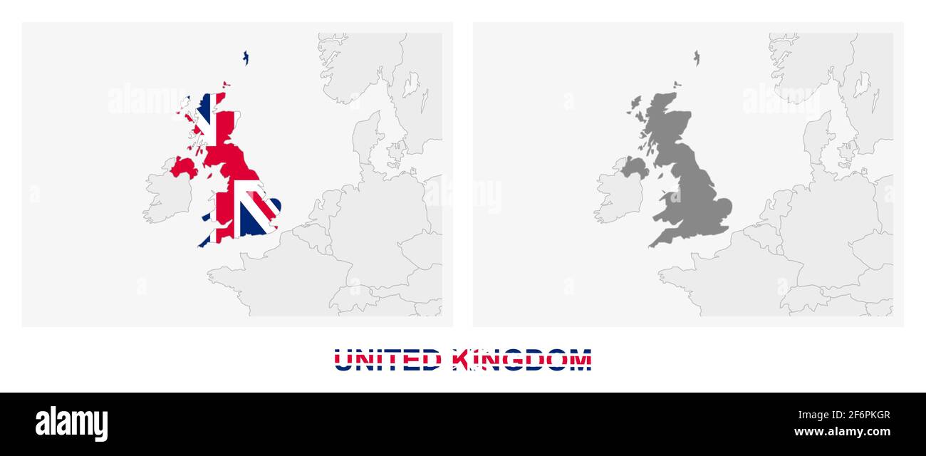 Two versions of the map of United Kingdom, with the flag of United ...