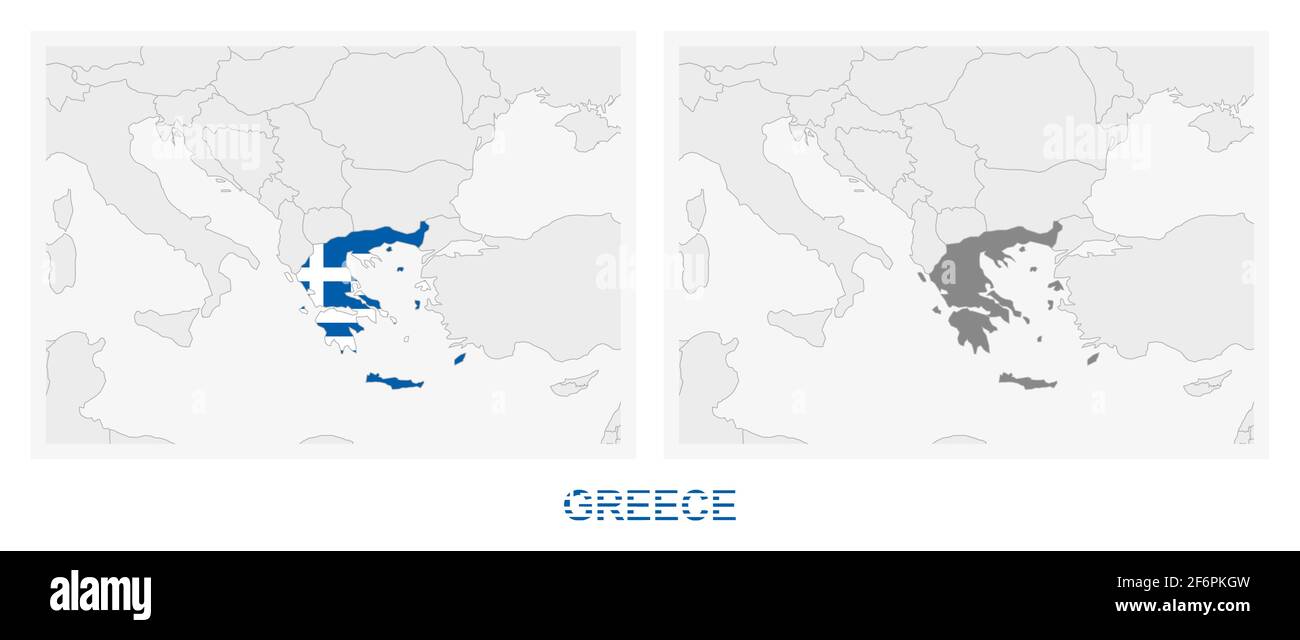 Two versions of the map of Greece, with the flag of Greece and ...