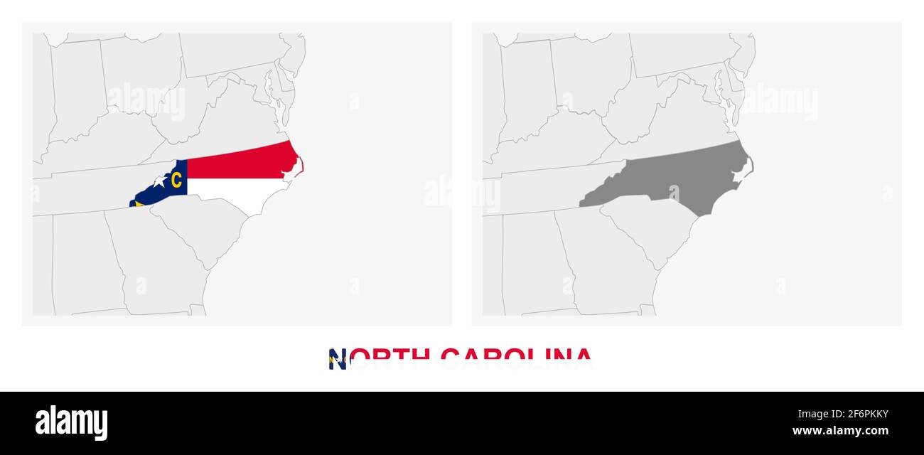 Two versions of the map of US State North Carolina, with the flag of North Carolina and ...