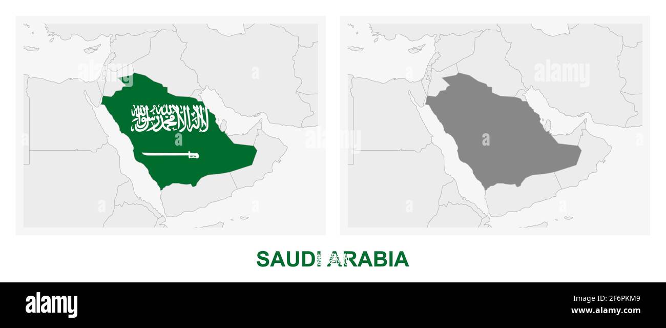 Two versions of the map of Saudi Arabia, with the flag of Saudi Arabia ...